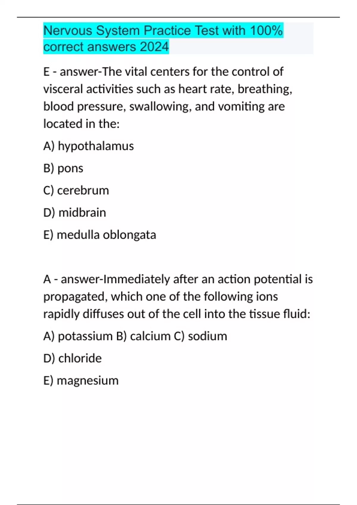 Nervous System Practice Test with 100% correct answers 2024 - PNS ...
