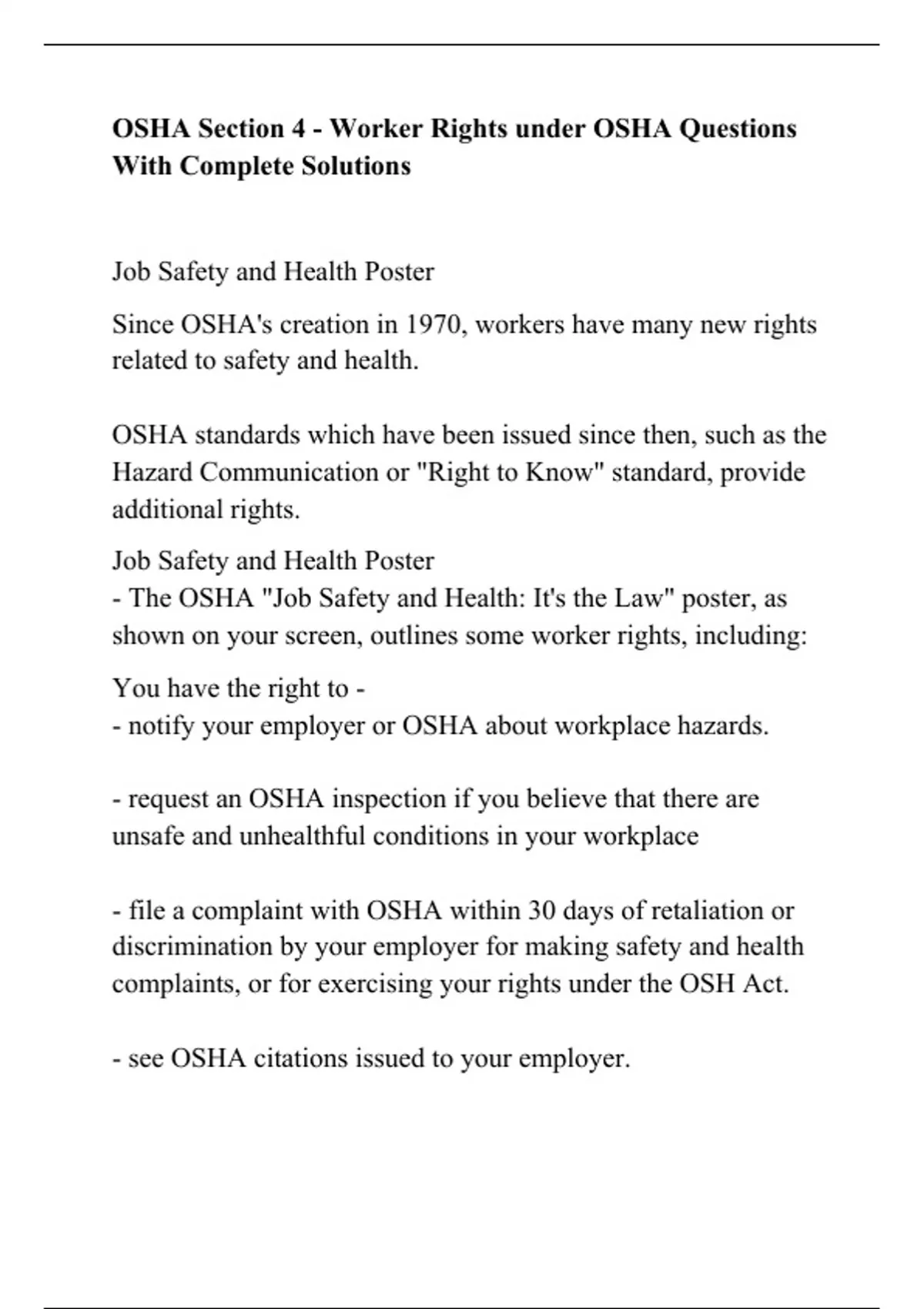 OSHA Section 4 - Worker Rights under OSHA Questions With Complete ...