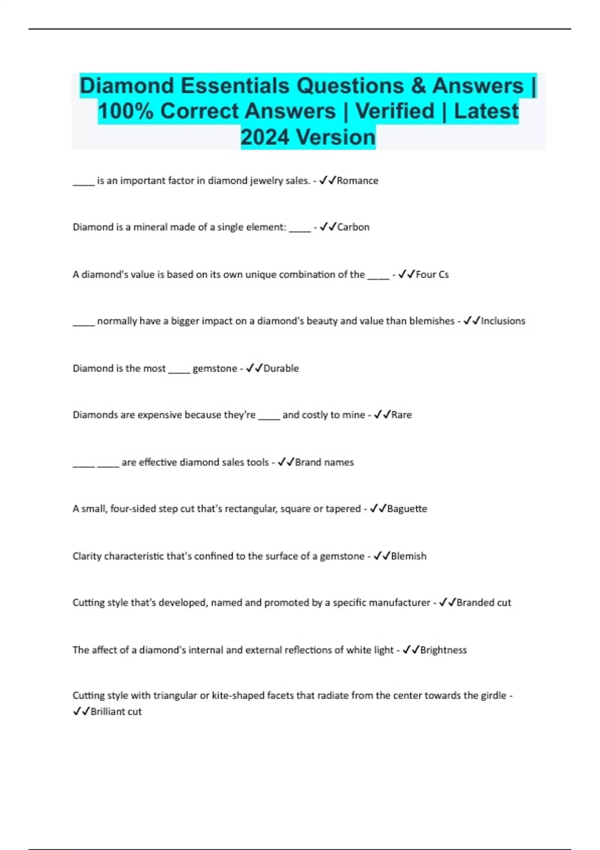 Diamond Essentials Questions & Answers | 100% Correct Answers ...