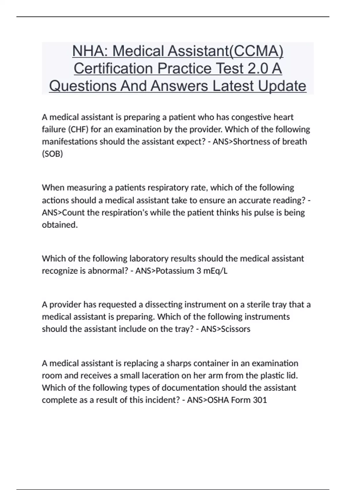 NHA Medical Assistant(CCMA) Certification Practice Test 2.0 A Questions ...