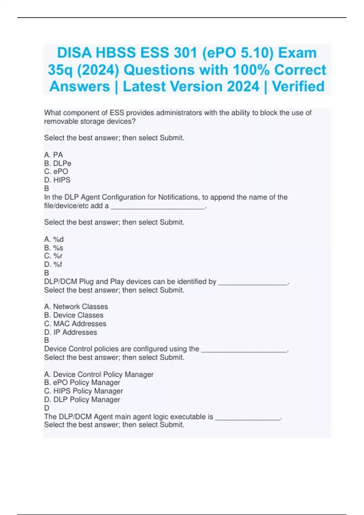 DISA HBSS ESS 301 (ePO 5.10) Exam 35q (2024) Questions with 100% ...