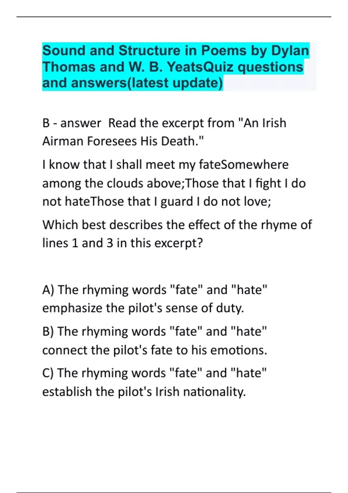 Sound and Structure in Poems by Dylan Thomas and W. B. YeatsQuiz ...