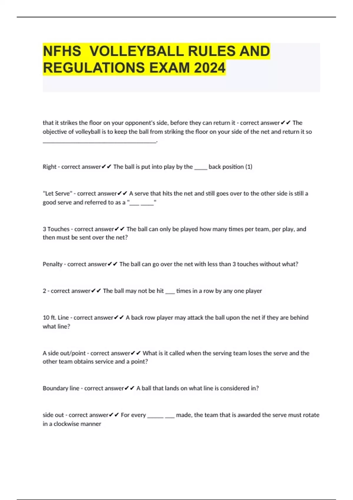 NFHS VOLLEYBALL RULES AND REGULATIONS EXAM 2024 - NFHS VOLLEYBALL RULES ...