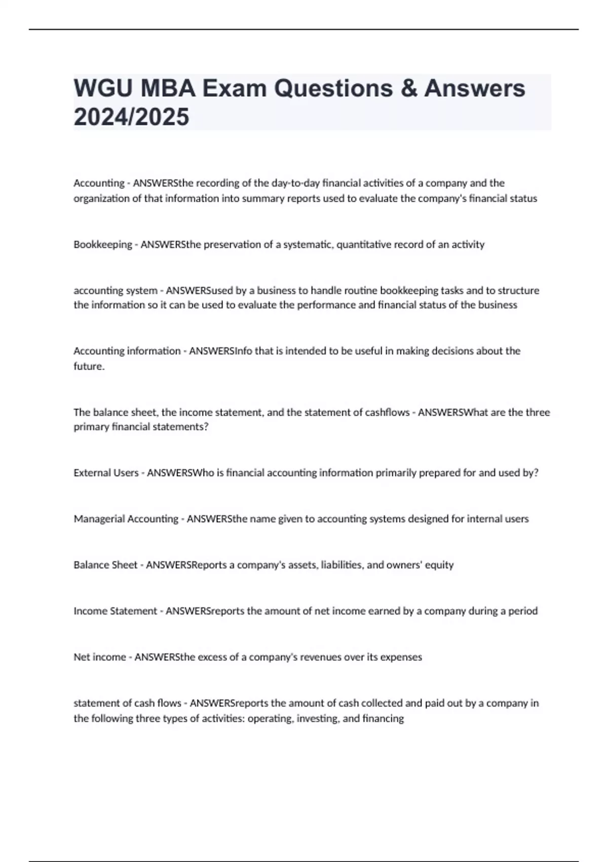 WGU MBA Exam Questions & Answers 2024/2025 - WGU MBA - Stuvia US