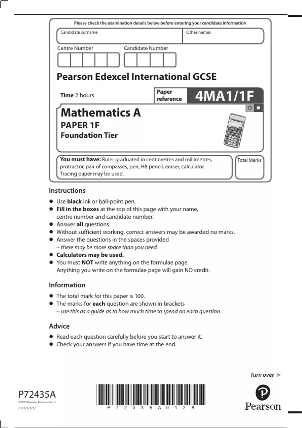 Pearson Edexcel International GCSE Mathematics A PAPER 1F Foundation ...