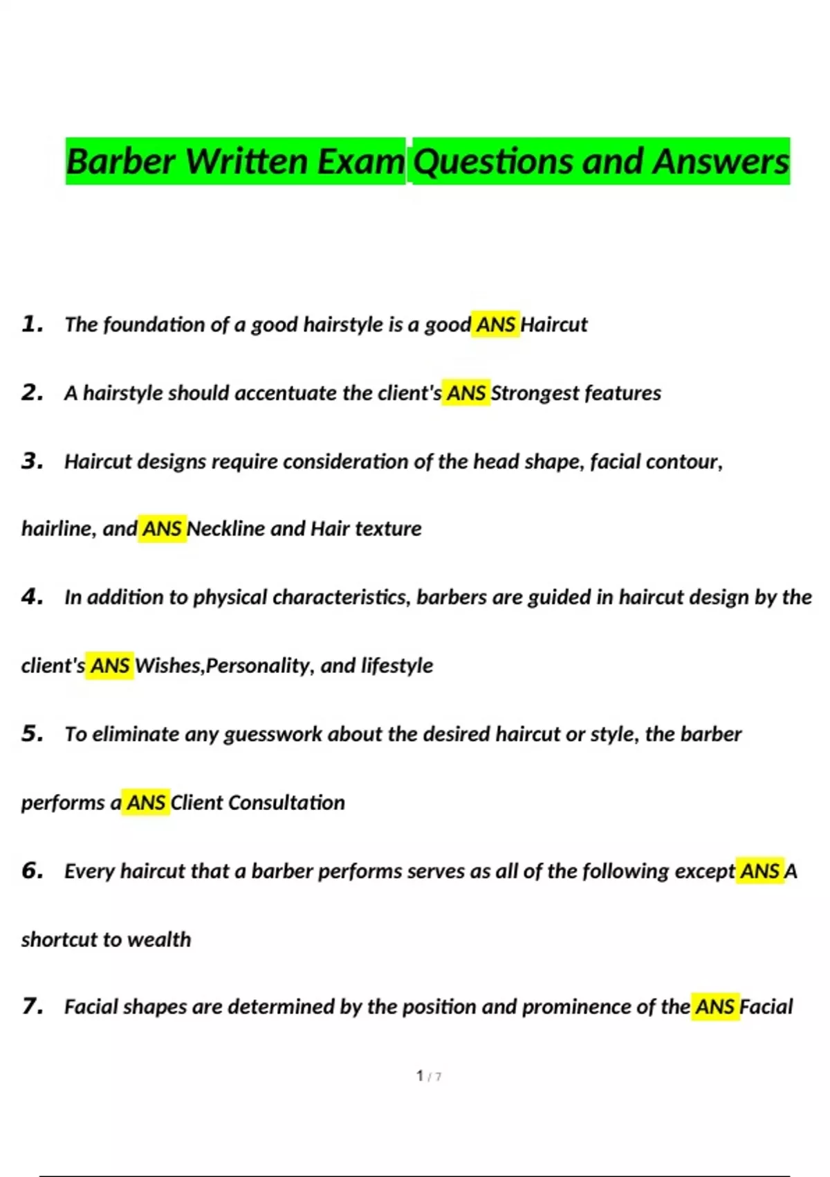 BARBER EXAM STUDY BUNDLE PACK SOLUTION 2024 / 2025 Exam, 100% Guarantee ...