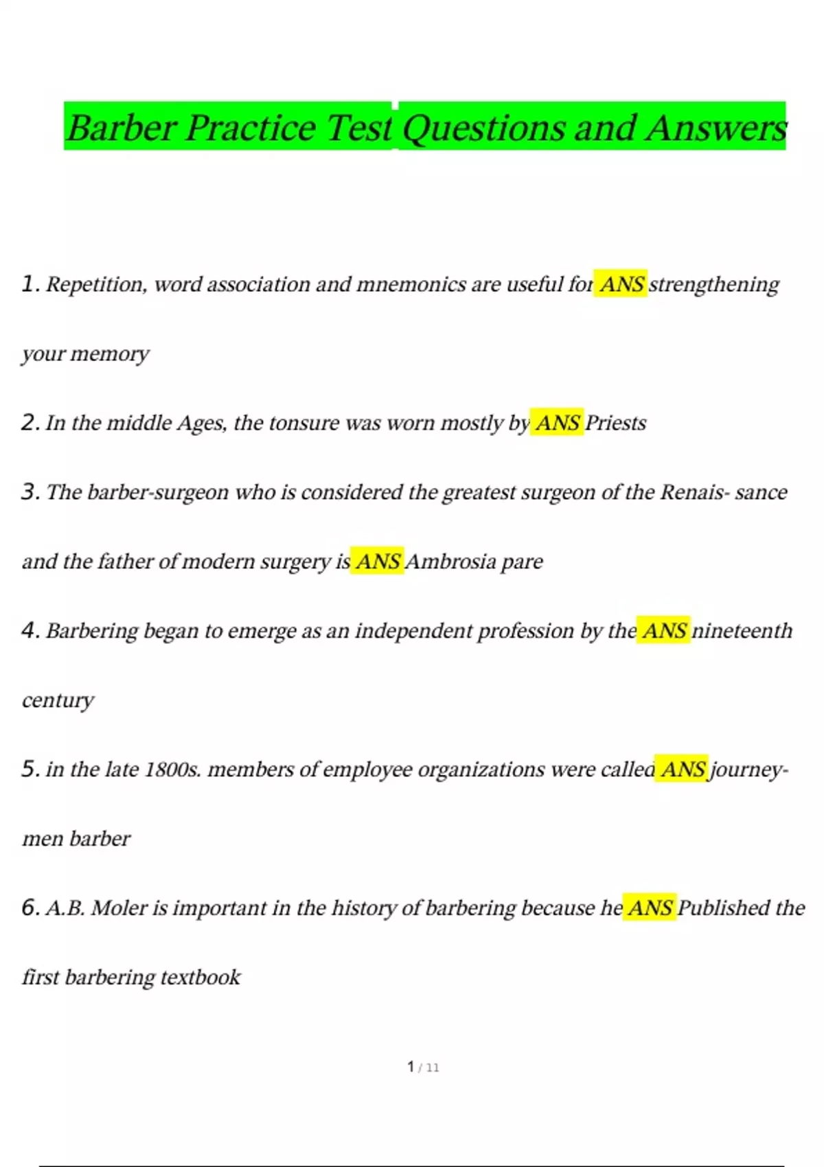 Barber Practice Test Questions and Answers 2024 / 2025 | 100% Verified ...