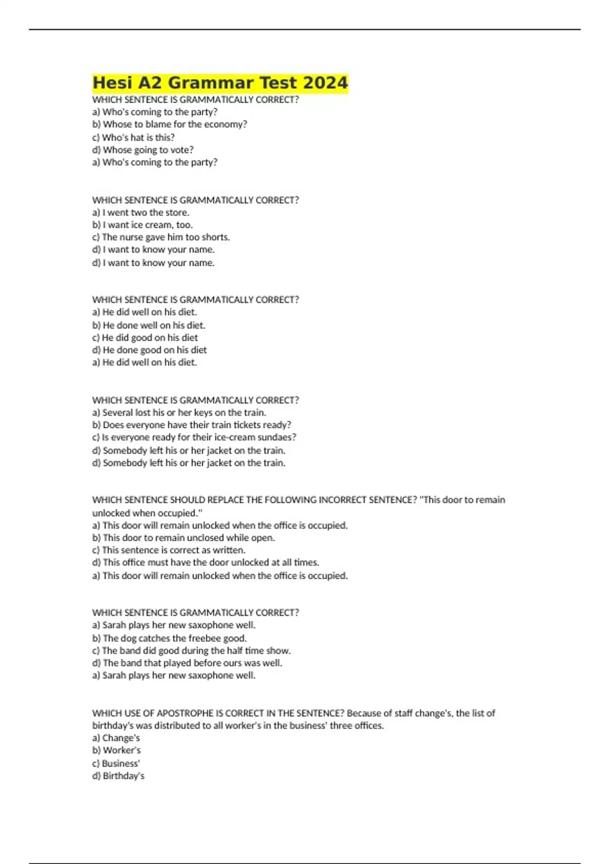 Hesi A2 Grammar Test 2024 - Hesi A2 Grammar - Stuvia US