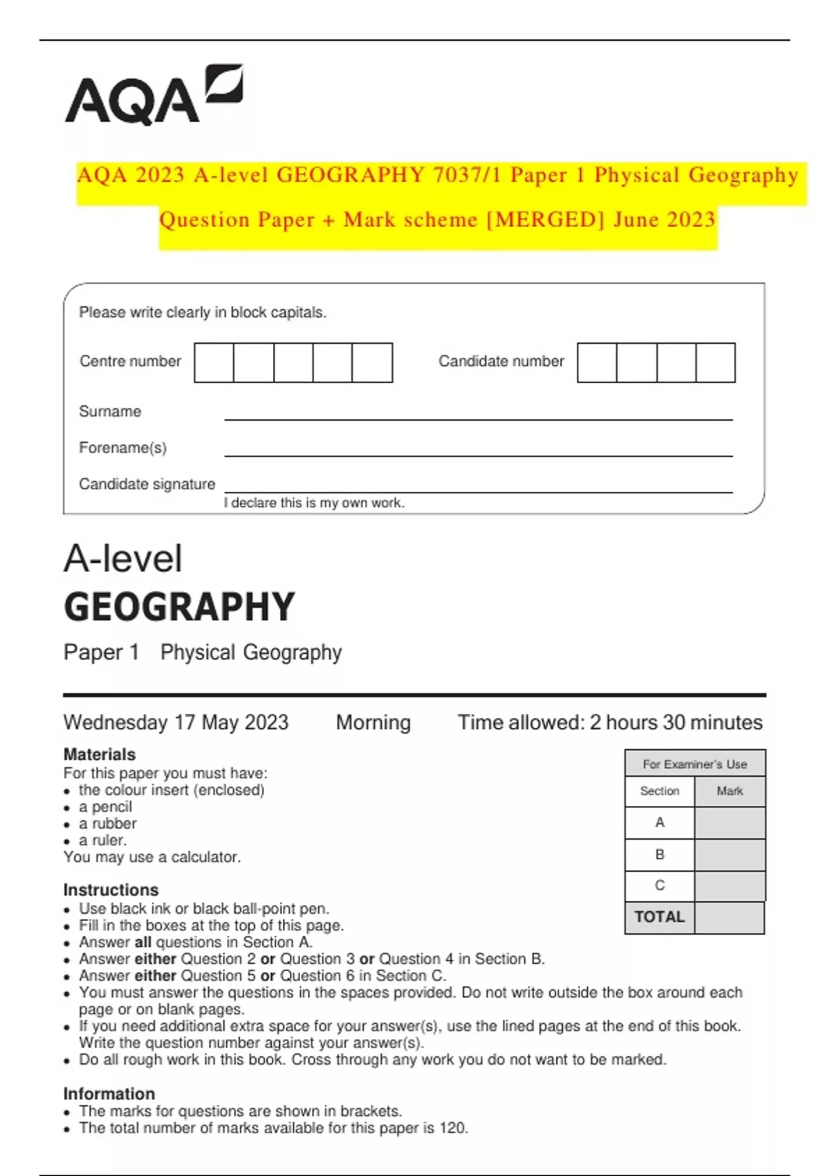 AQA 2023 A-level GEOGRAPHY 7037/1 Paper 1 Physical Geography Question ...