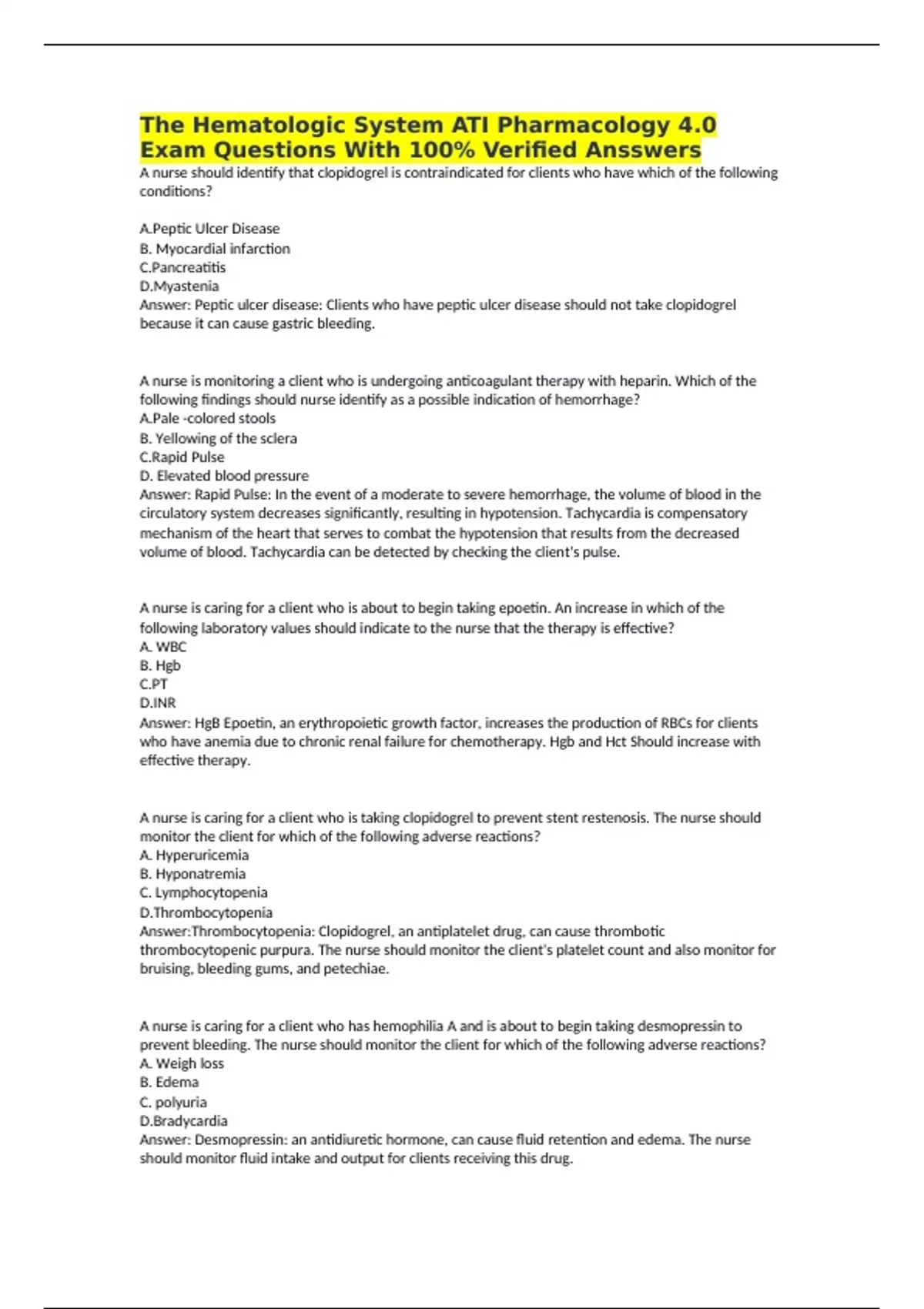 The Hematologic System ATI Pharmacology 4.0 Exam Questions With 100% ...