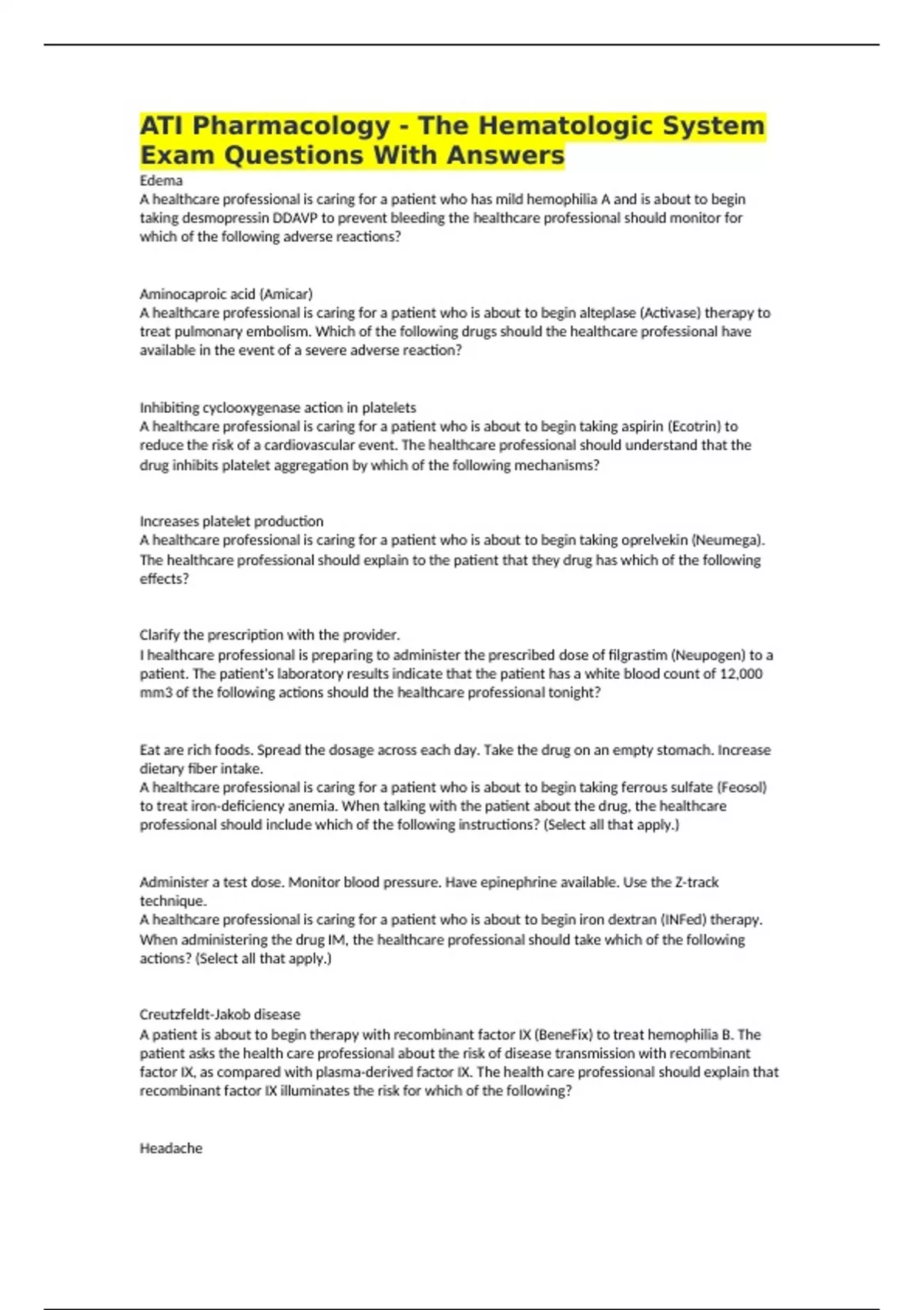 ATI Pharmacology - The Hematologic System Exam Questions With Answers ...