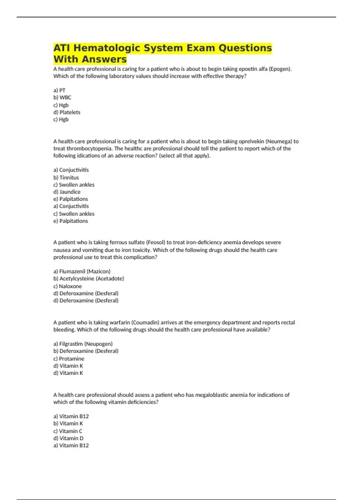 ATI Hematologic System Exam Questions With Answers - ATI Hematologic ...