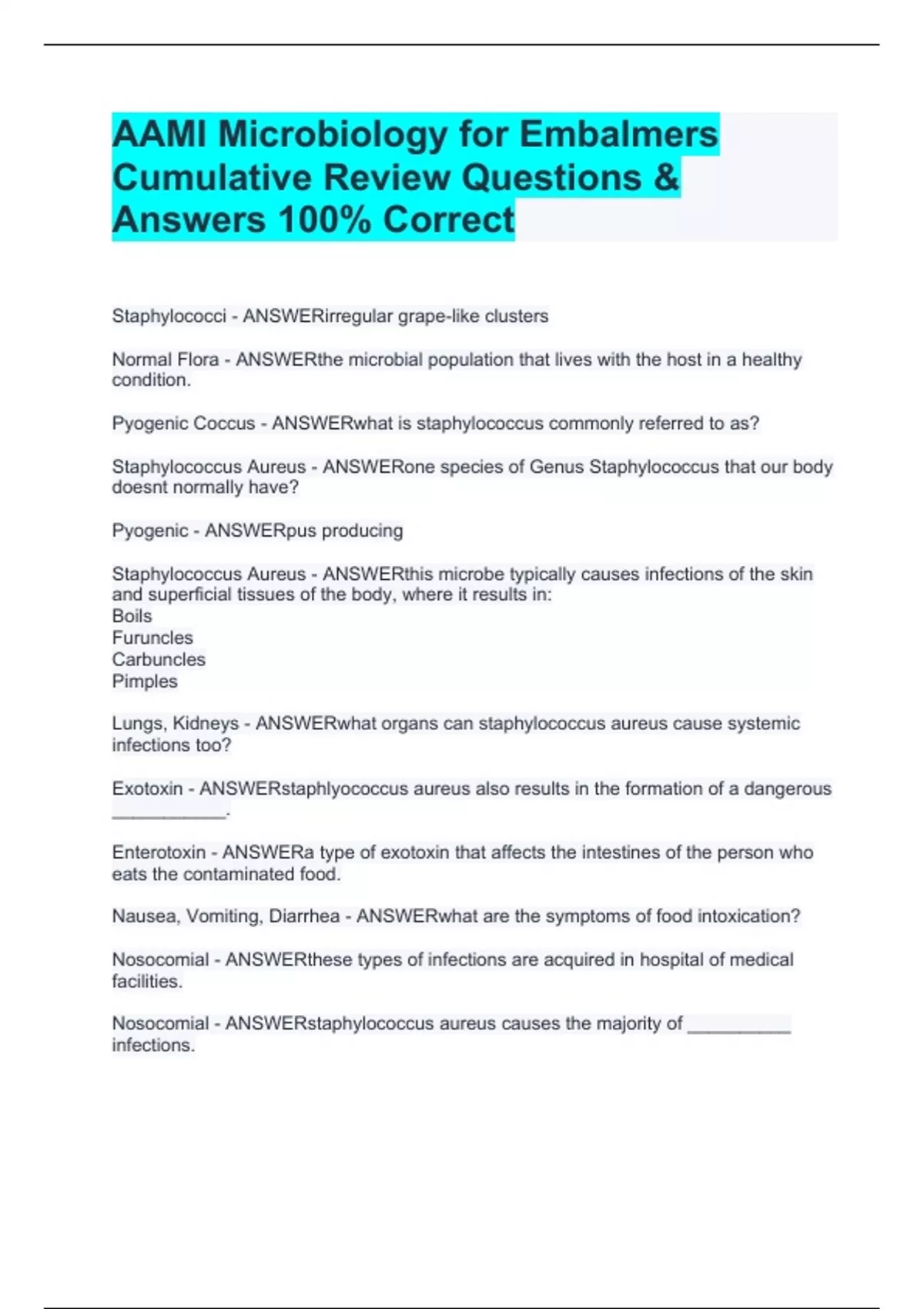 AAMI Microbiology for Embalmers EXAM BUNDLE 2024 WITH COMPLETE ...