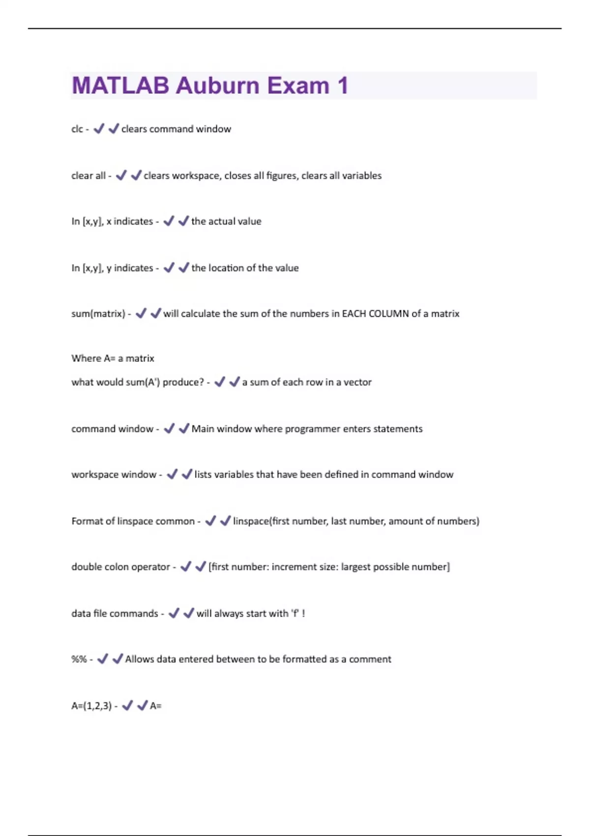 MATLAB Auburn Exam 1 Questions And Answers | 2024 Updated Quiz | 100% Correct Answers - MATLAB ...