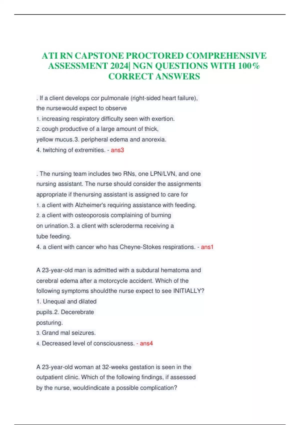 ATI RN CAPSTONE PROCTORED COMPREHENSIVE ASSESSMENT 2024| NGN QUESTIONS ...