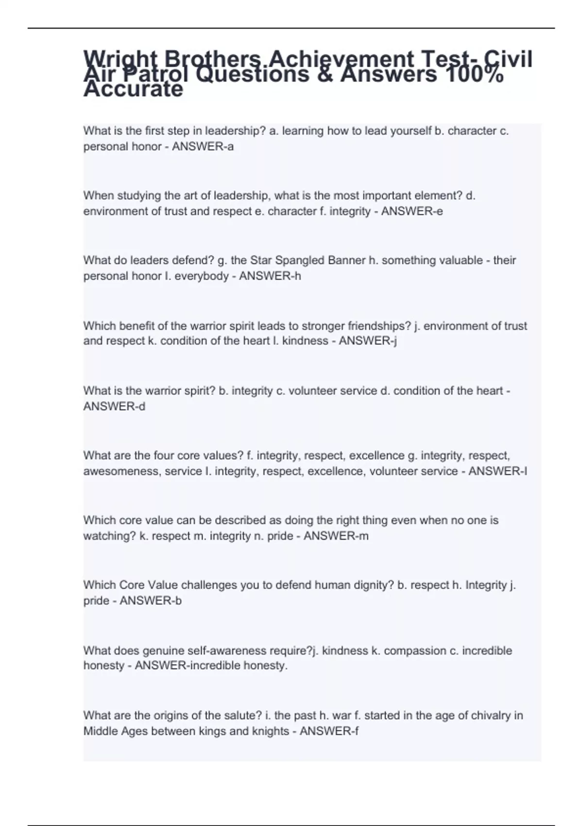 Wright Brothers Achievement Test- Civil Air Patrol Questions & Answers ...