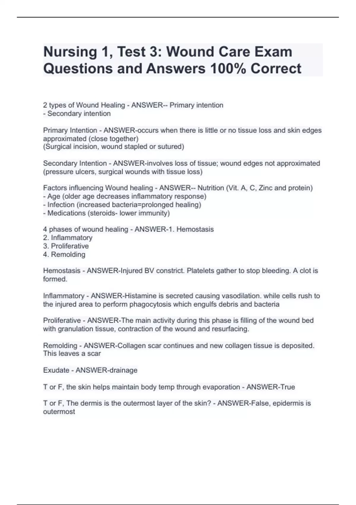 Nursing 1, Test 3: Wound Care Exam Questions and Answers 100% Correct ...