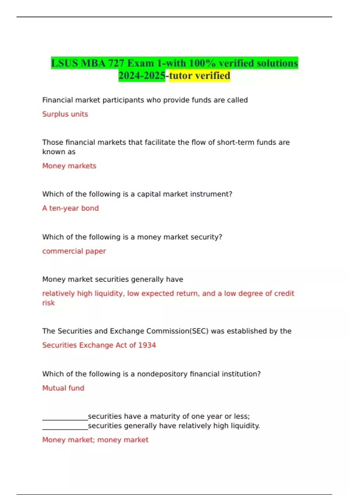 LSUS MBA 727 Exam 1-with 100% verified solutions -tutor verified - LSUS ...