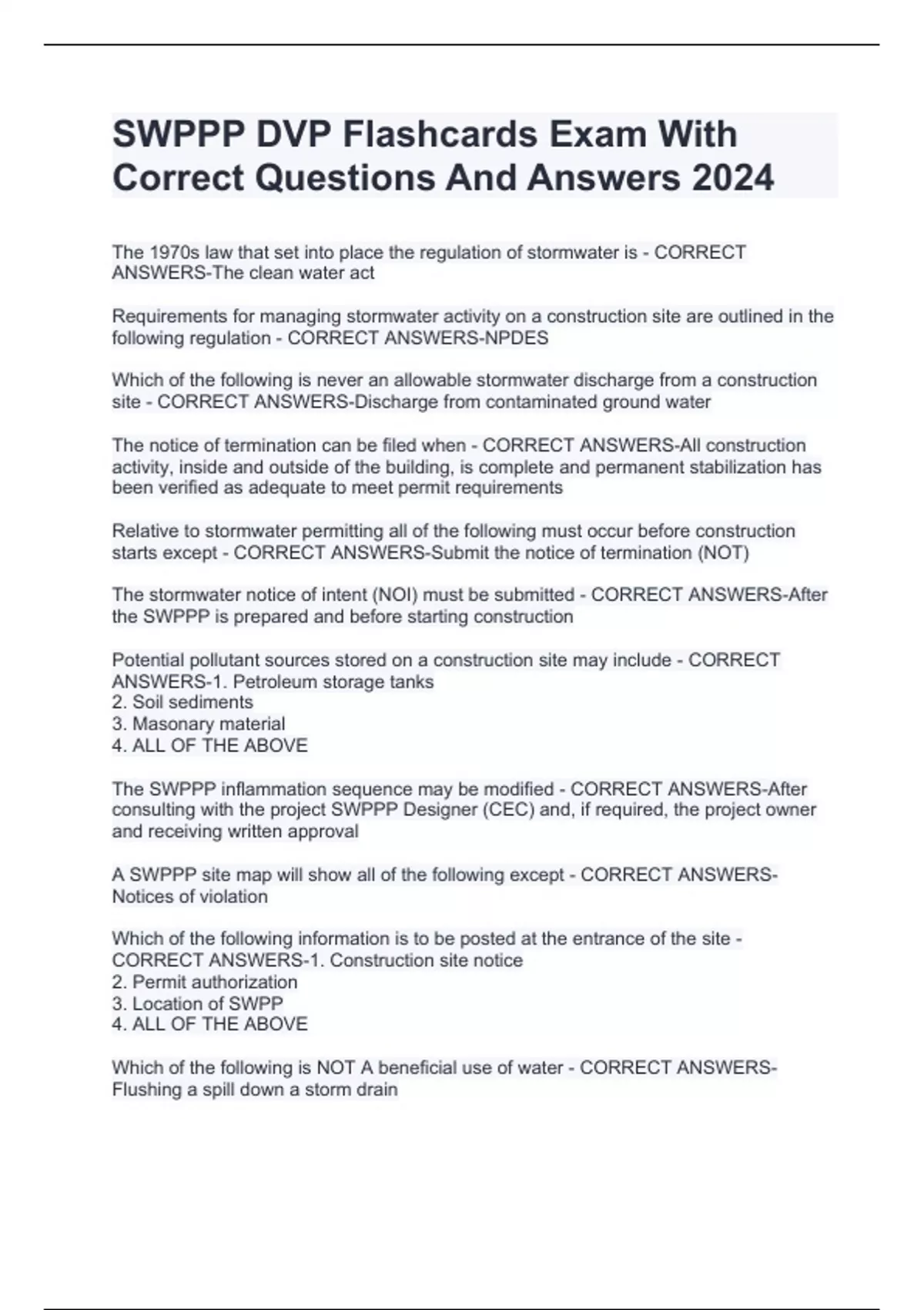 SWPPP DVP Flashcards Exam With Correct Questions And Answers 2024 ...