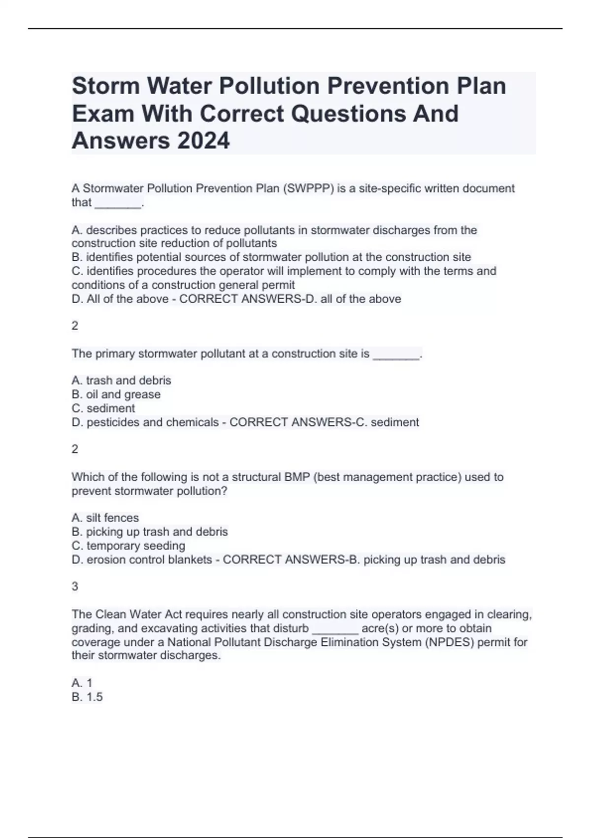 Storm Water Pollution Prevention Plan Exam With Correct Questions And Answers 2024 - Storm Water ...