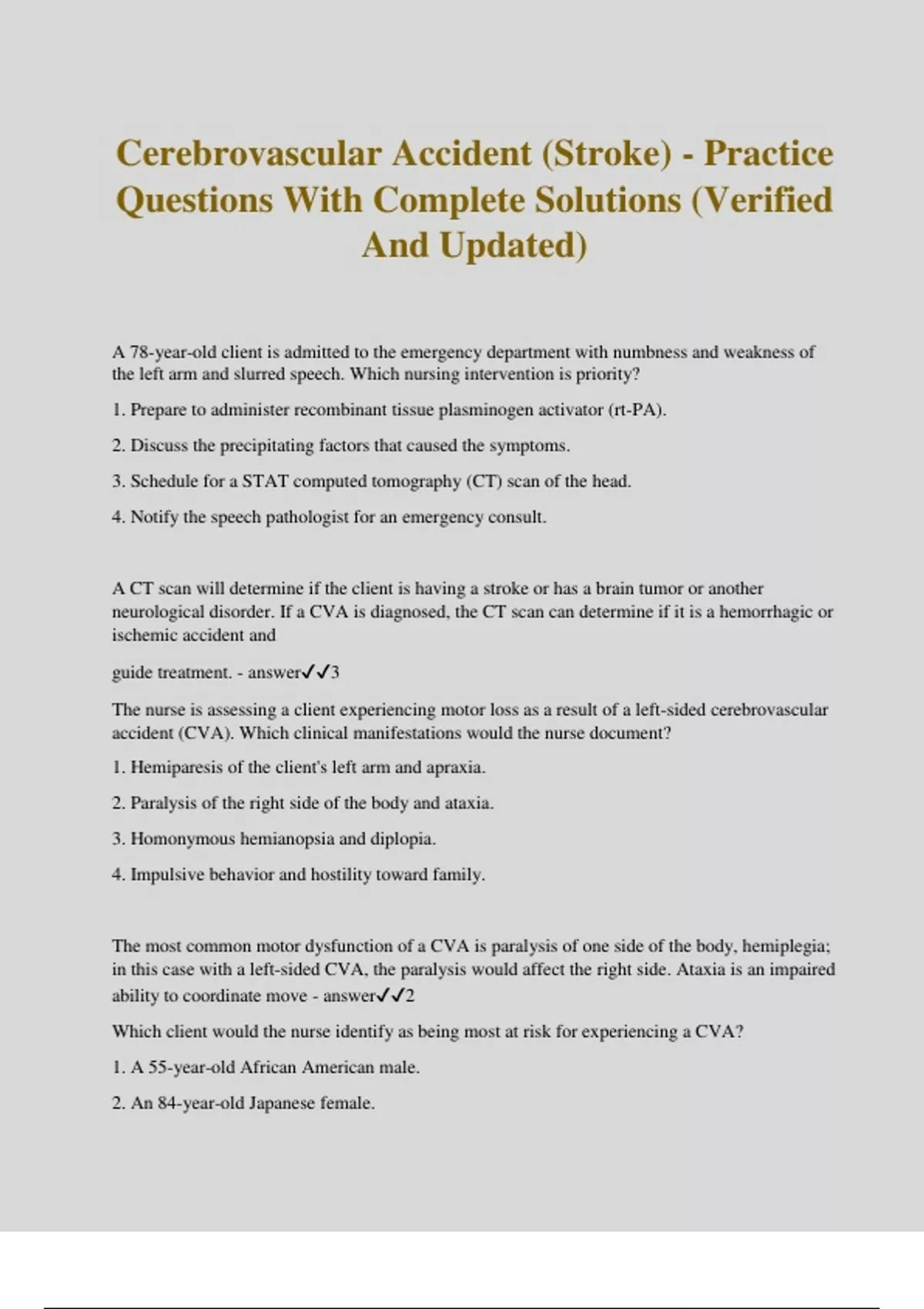 Cerebrovascular Accident (Stroke) - Practice Questions With Complete ...