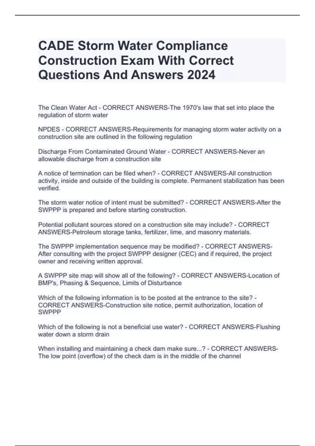 CADE Storm Water Compliance Construction Exam With Correct Questions ...