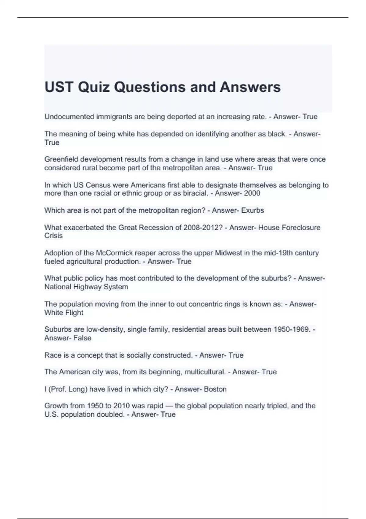 UST Quiz Questions and Answers 2024 - UST - Stuvia US