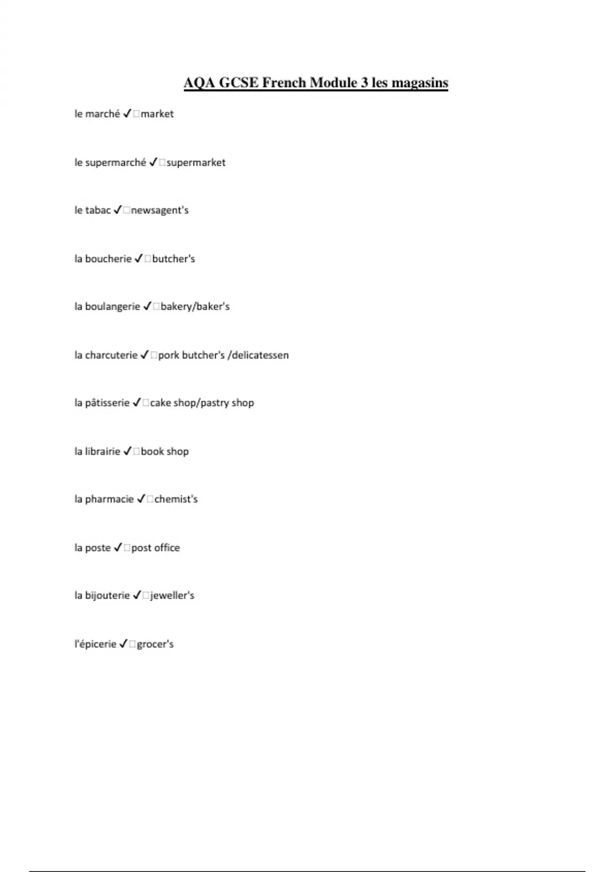 AQA GCSE French Module 3 les magasins - AQA GCSE French Module 3 les ...
