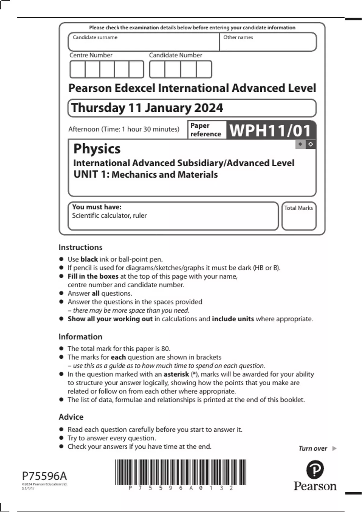 Pearson Edexcel International Advanced Level Physics 2024 (WPH11/01 ...