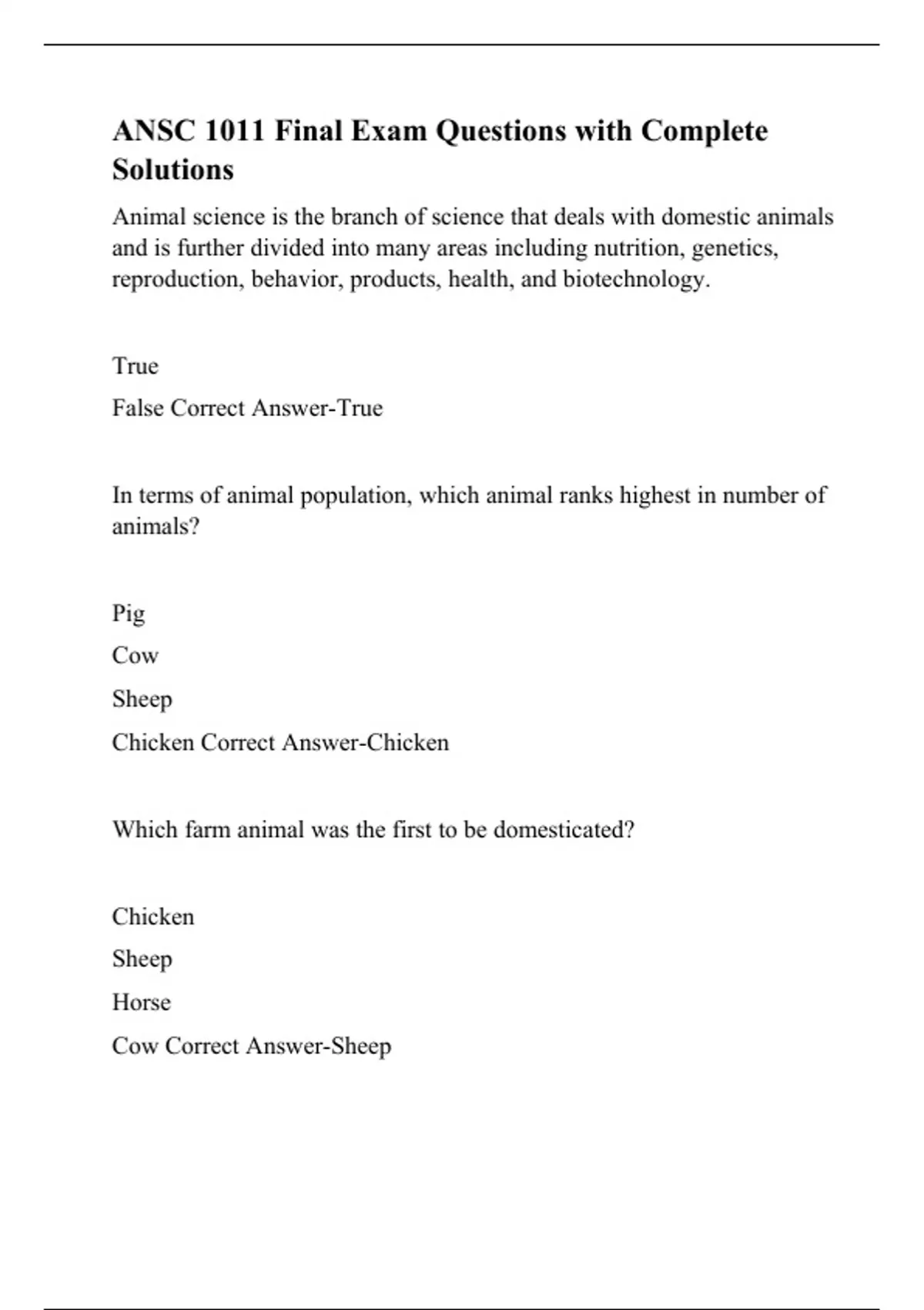 ANSC 1011 Final Exam Questions with Complete Solutions - ANSC 1011 ...