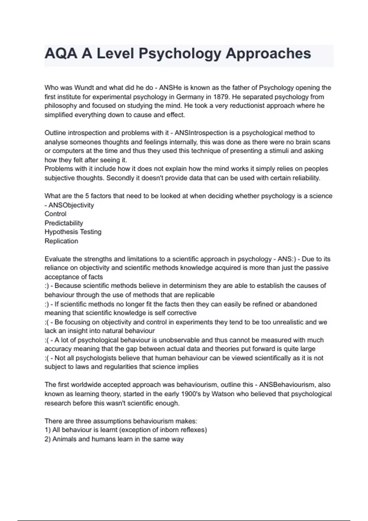 AQA A Level Psychology Approaches questions and answers guaranteed pass ...