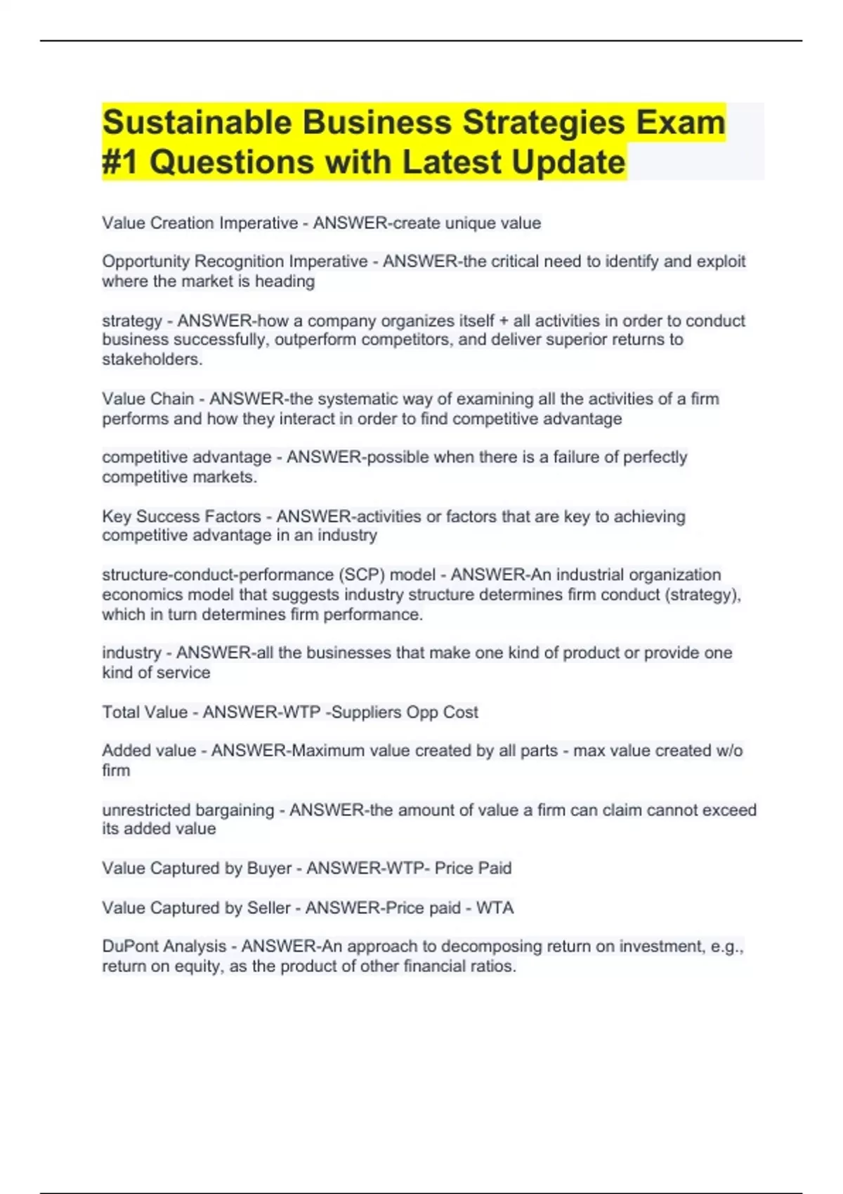 Sustainable Business Strategies Exam #1 Questions with Latest Update ...