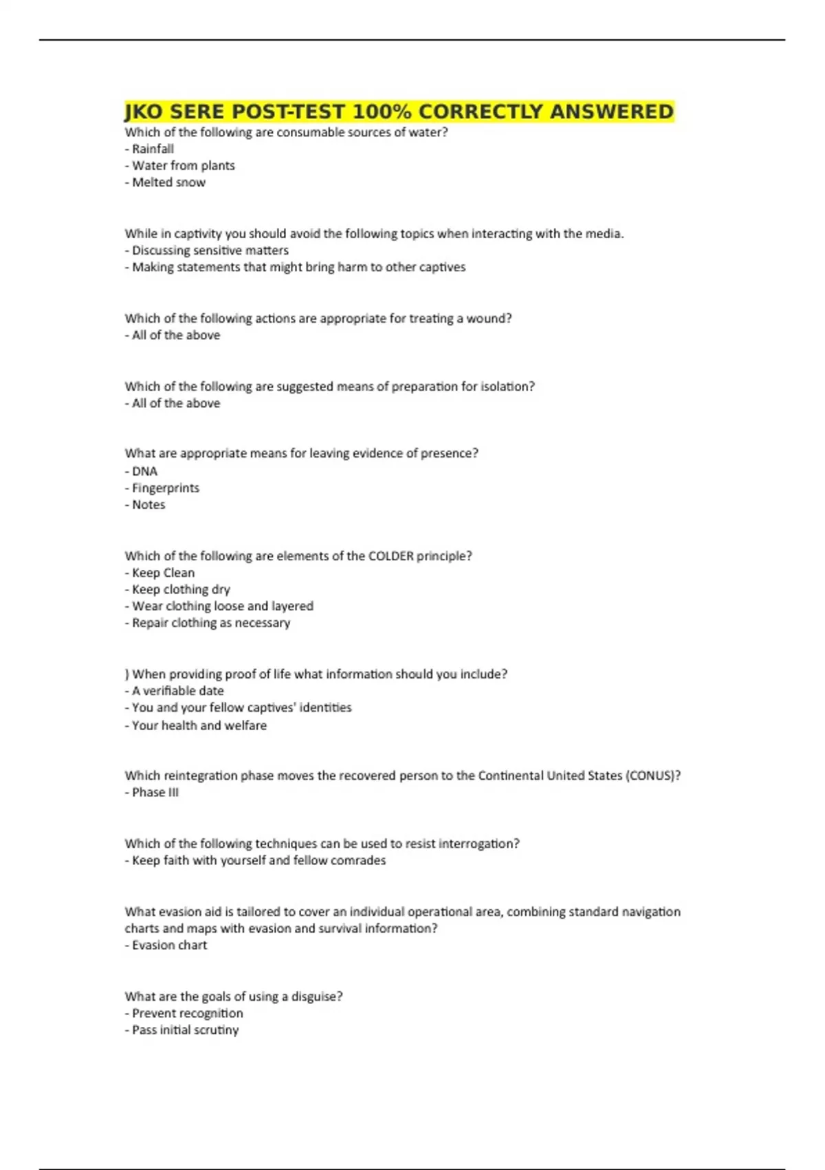 JKO SERE POST-TEST 100% CORRECTLY ANSWERED - Sere 100 - Stuvia US