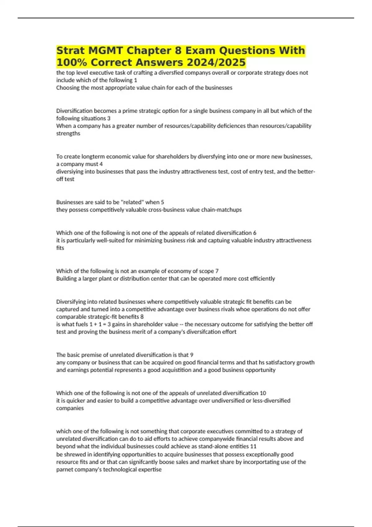 Strat MGMT Chapter 8 Exam Questions With 100% Correct Answers 2024/2025 - MGMT - Stuvia US