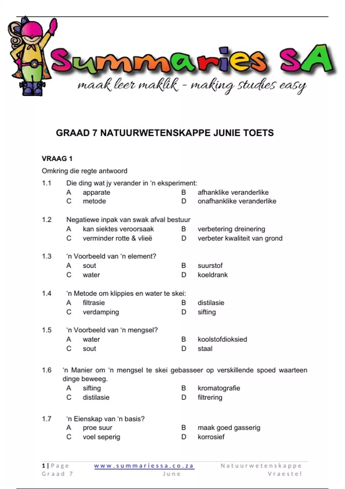 Graad 7 Natuurwetenskappe (NW) Junie Vraestel en Memo - 2024 - Natural ...