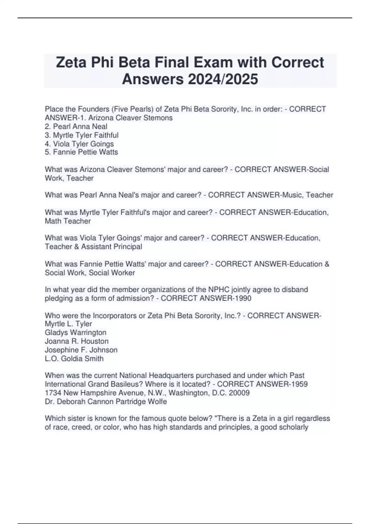 Zeta Phi Beta Final Exam with Correct Answers 2024/2025 - Zeta Phi Beta ...