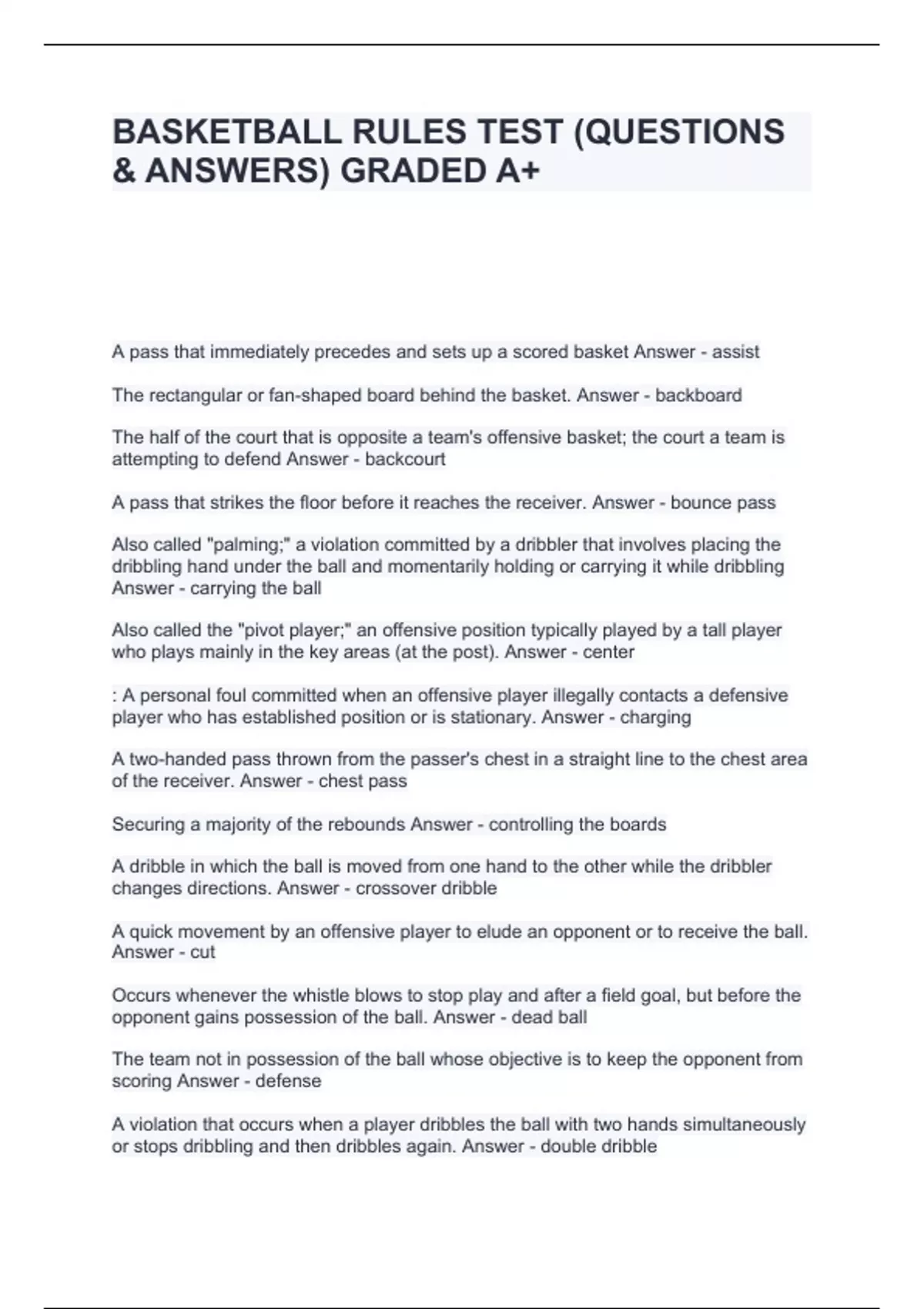 BASKETBALL RULES TEST (QUESTIONS & ANSWERS) GRADED A+ - Basketball ...