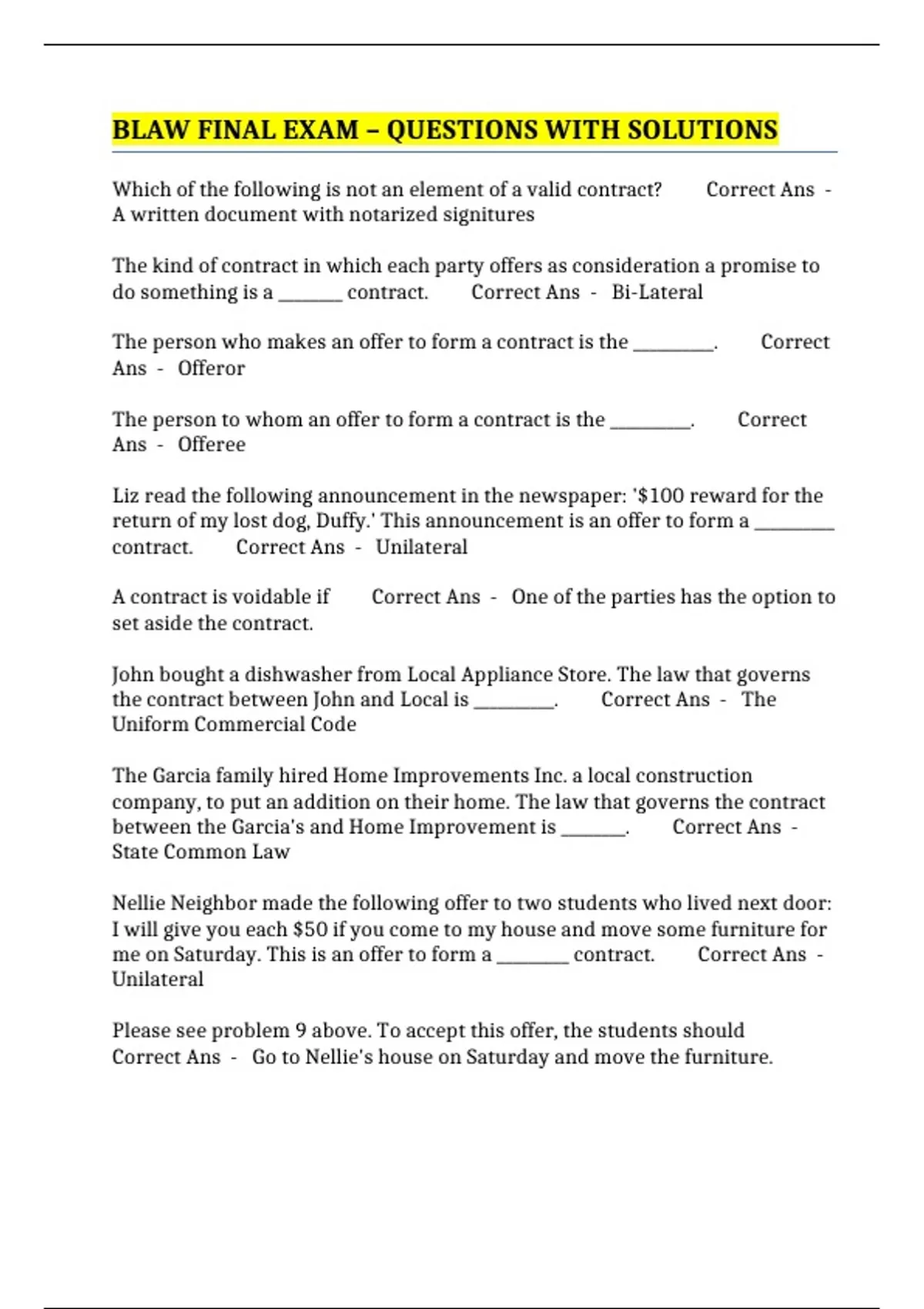 BLAW FINAL EXAM – QUESTIONS WITH SOLUTIONS - BLAW - Stuvia US