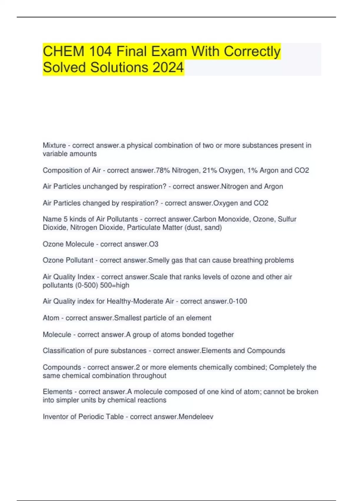 CHEM 104 Final Exam With Correctly Solved Solutions 2024 - CHEM 104 ...