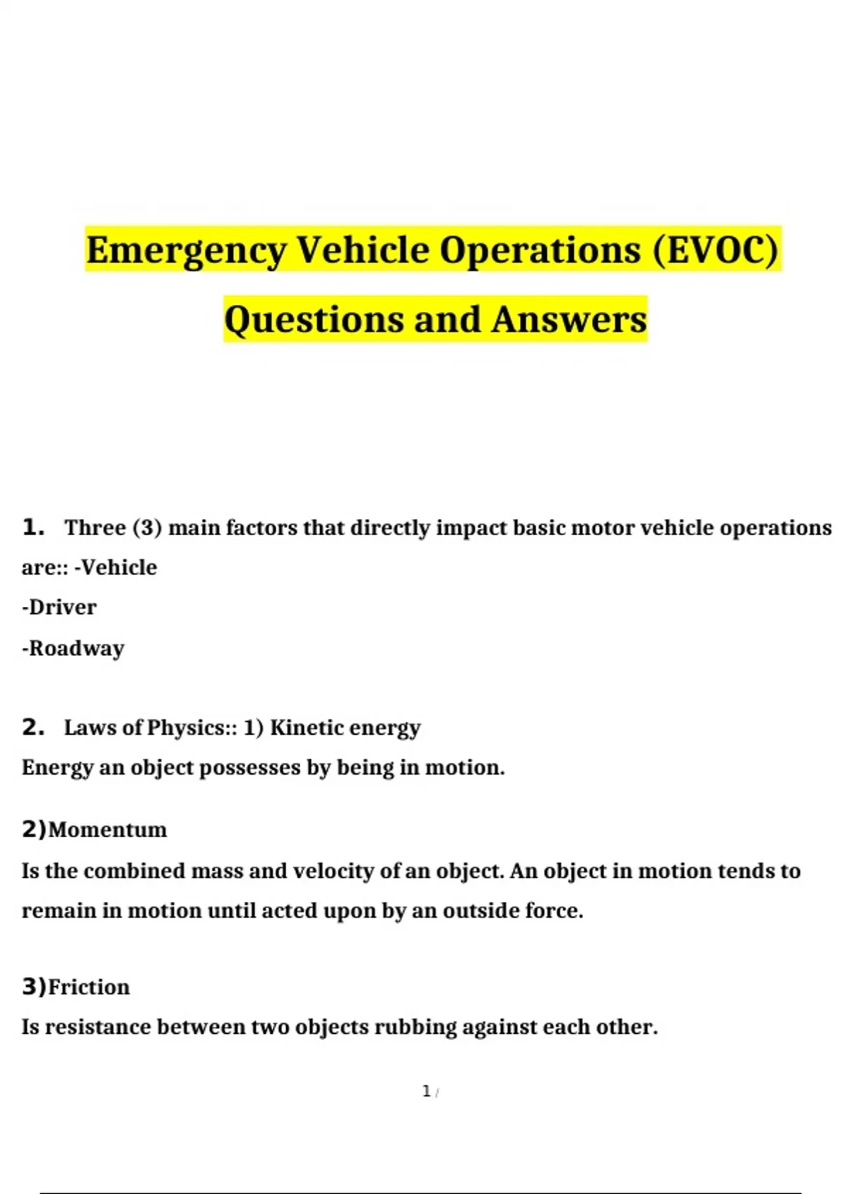 Emergency Vehicle Operations (EVOC) Questions and Answers 2024 / 2025 ...