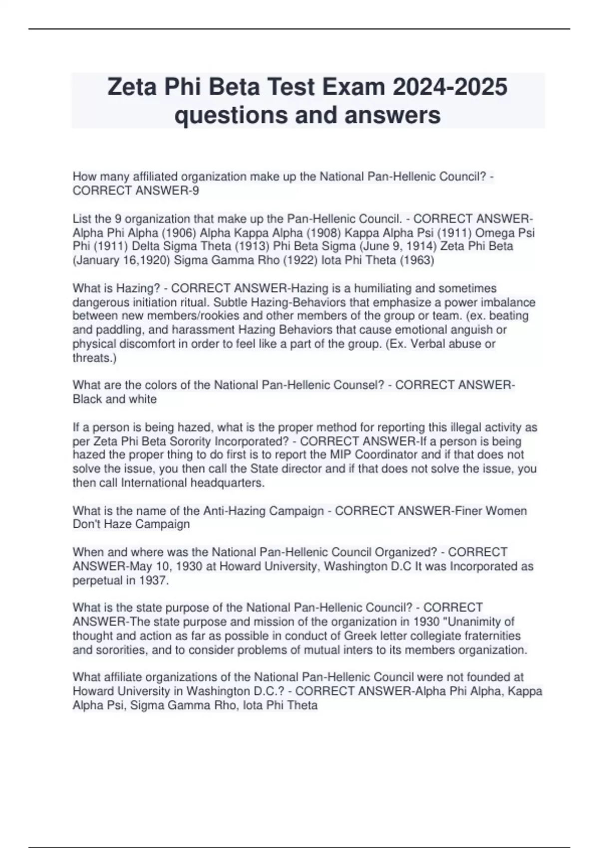 Zeta Phi Beta Test Exam questions and answers - Zeta Phi Beta - Stuvia US