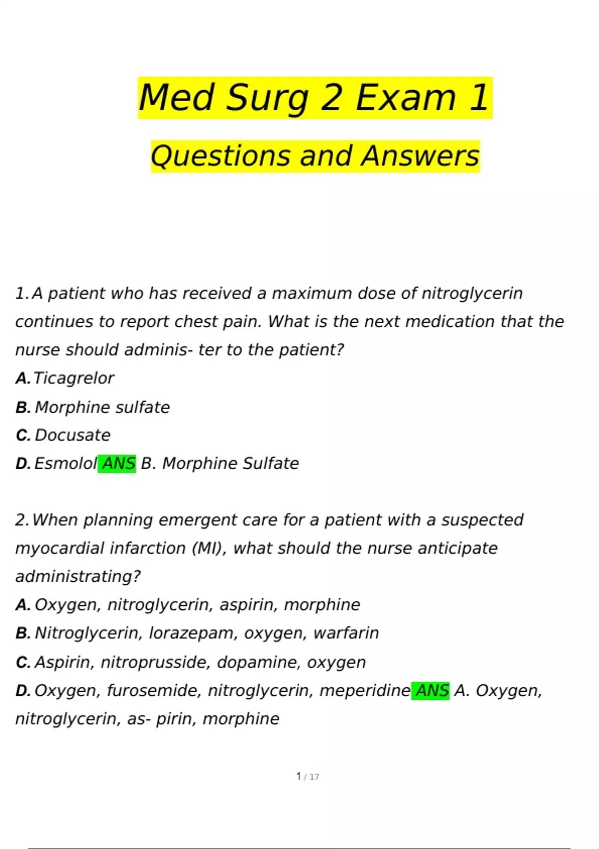 Med Surg 2 Exam 1 Questions and Answers 2024 / 2025 | 100% Verified ...