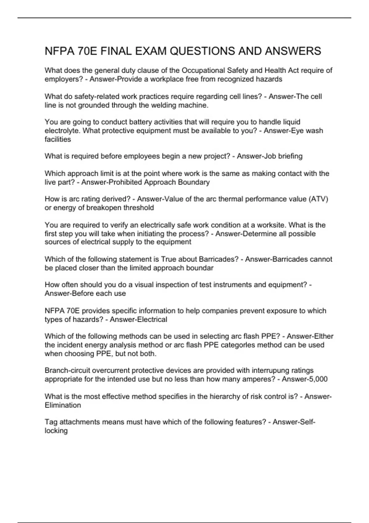 NFPA 70E FINAL EXAM QUESTIONS AND ANSWERS - NFPA 70E - Stuvia US