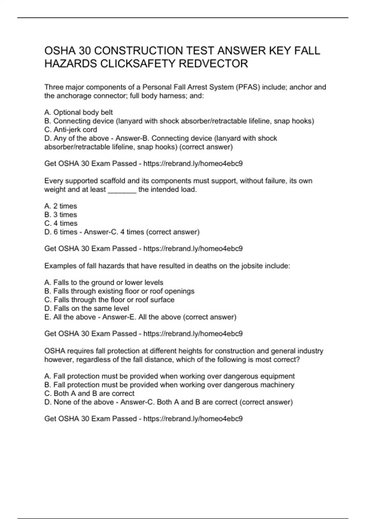 OSHA 30 CONSTRUCTION TEST ANSWER KEY FALL HAZARDS CLICKSAFETY REDVECTOR ...