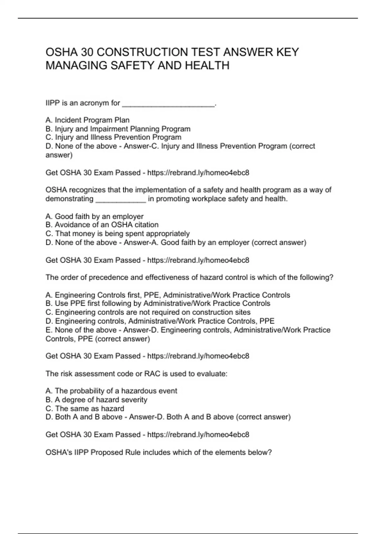 OSHA 30 CONSTRUCTION TEST ANSWER KEY MANAGING SAFETY AND HEALTH - OSHA ...