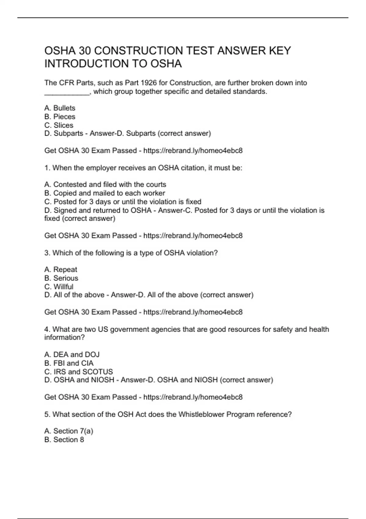 OSHA 30 CONSTRUCTION TEST ANSWER KEY INTRODUCTION TO OSHA - OSHA 30 ...