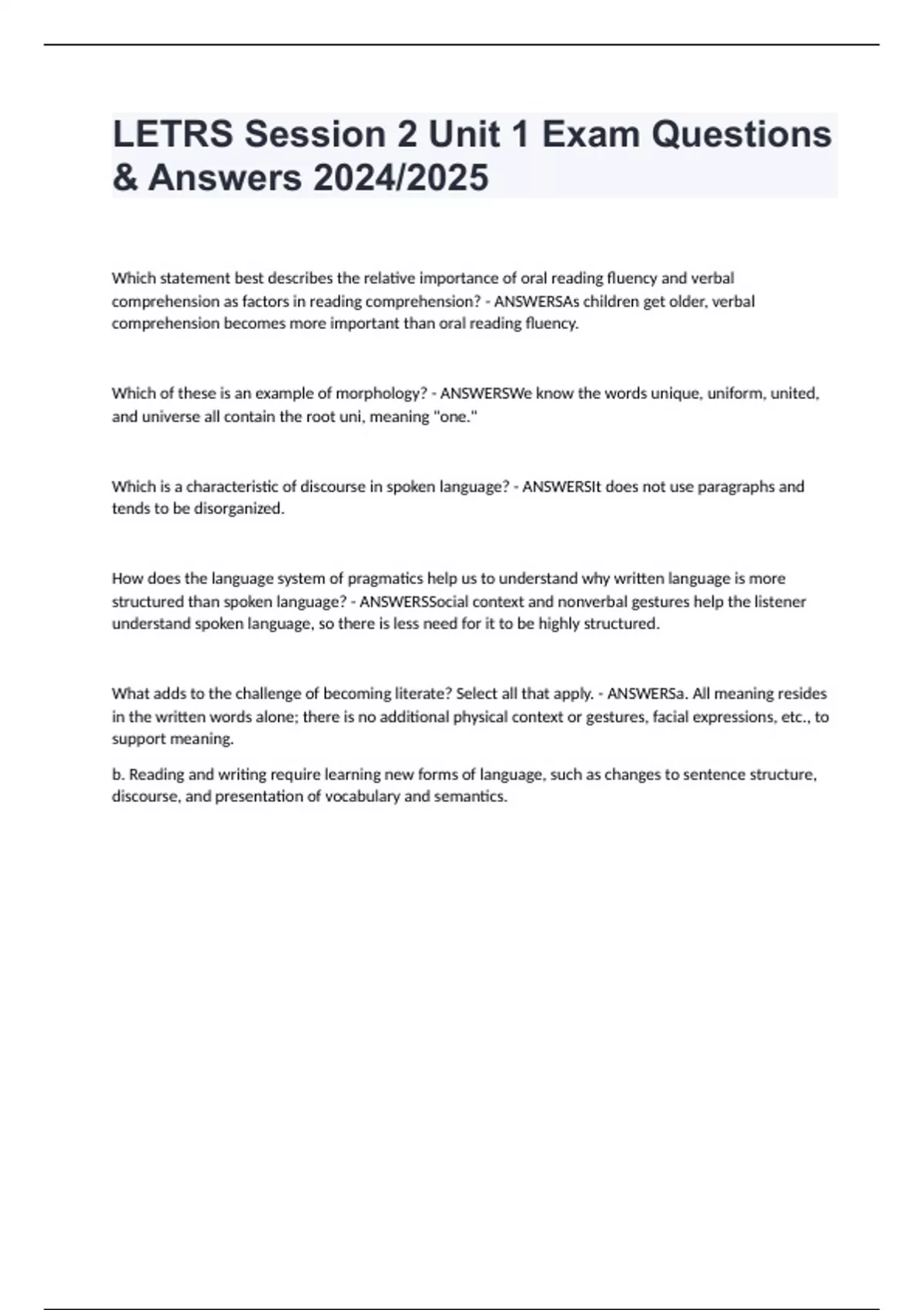 LETRS Session 2 Unit 1 Exam Questions & Answers 2024/2025 - LETRS ...