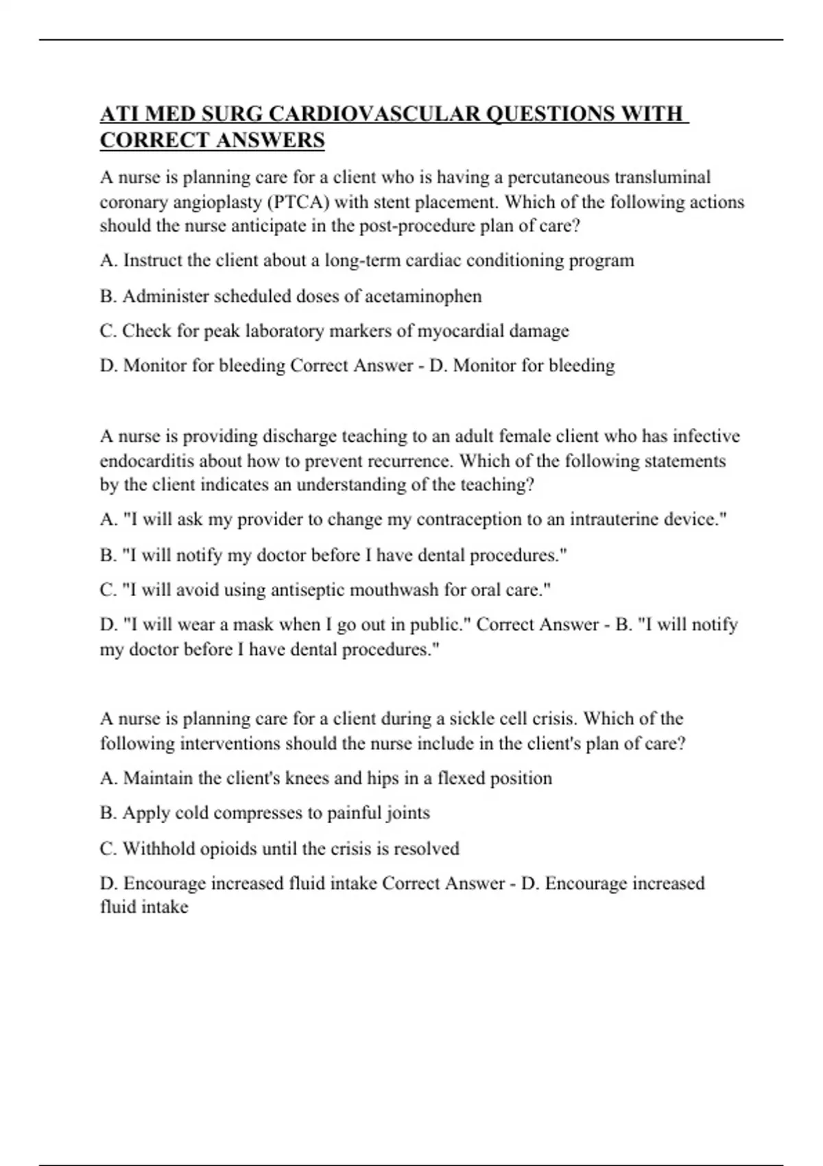ATI MED SURG CARDIOVASCULAR QUESTIONS WITH CORRECT ANSWERS - ATI Course ...