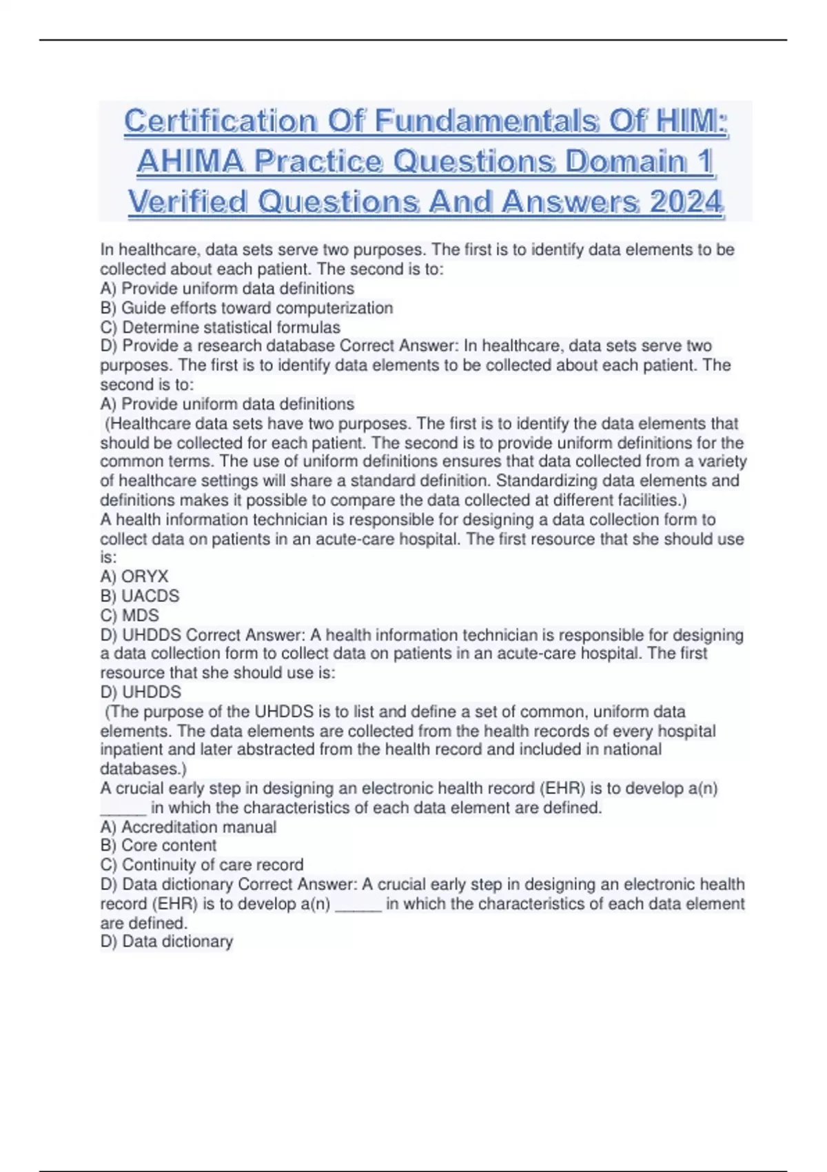 Certification Of Fundamentals Of HIM: AHIMA Practice Questions Domain 1 Verified Questions And ...