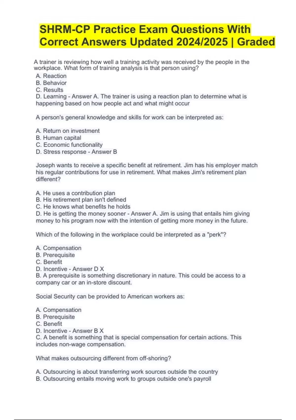 SHRM-CP Practice Exam Questions With Correct Answers Updated 2024/2025 (Graded A+) - SHRM-CP ...